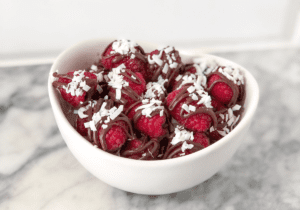 Dark Chocolate Filled Raspberries with Coconut