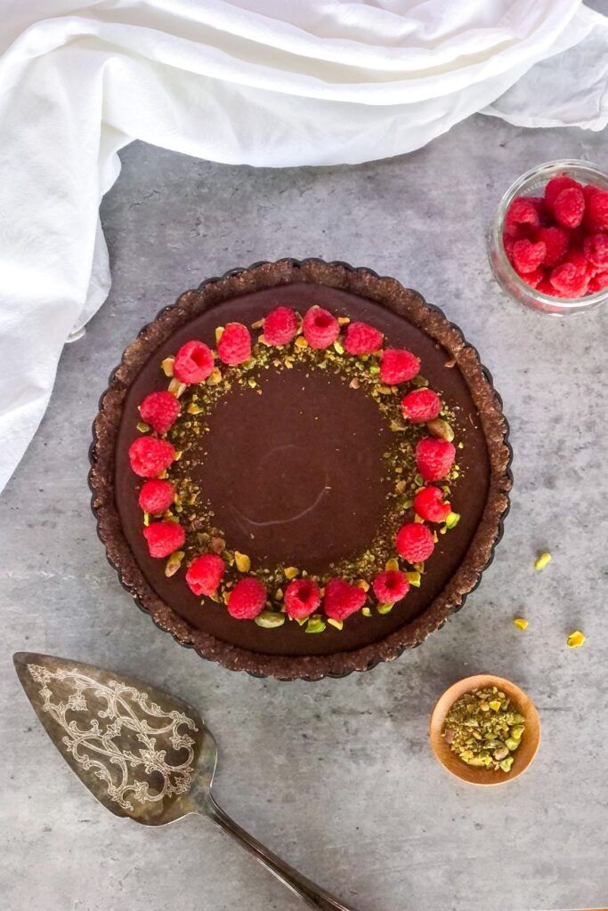 No Bake Dark Chocolate Raspberry Tart with Greek Yogurt